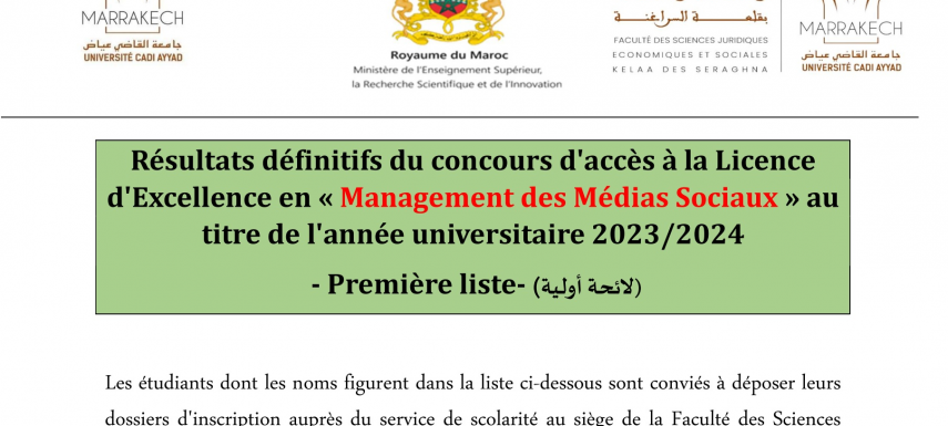Résultats définitifs du concours d'accès à la Licence d'Excellence en « Management des Médias ...